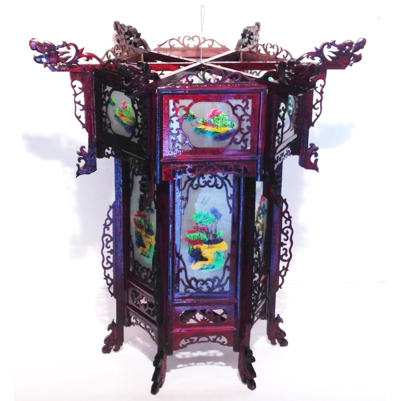 Lampe chinoise à suspension - bois et peinture sur verre