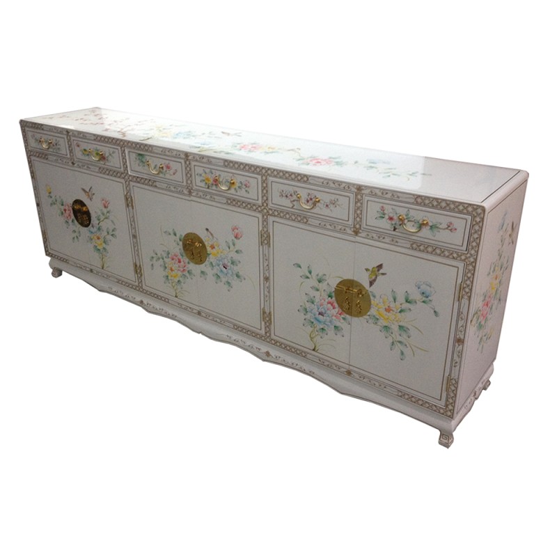 Buffet chinois laque blanche fleurs et oiseaux